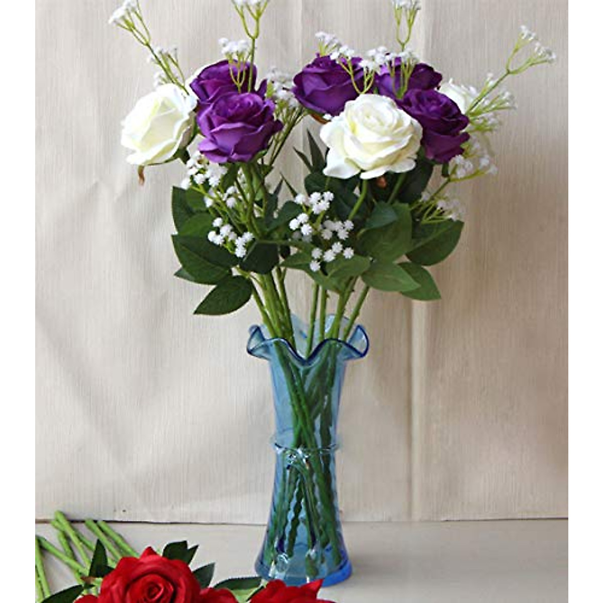 Amzali Artificial Flowers, Real Looking Blush Fake Rose Long Stem Silk Artificial Rose Flower Home Decor for Bridal Wedding Bouquet, Centerpieces Birthday Shower Party Garden floral Arrangement Purple