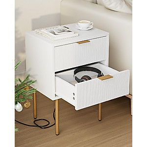 Aienvey Nightstand with Charging Station,Small Side Table with 2 Drawers, Bedside Furniture, White Night Stand, End Table with Gold Frame for Bedroom, Living Room, Stripe