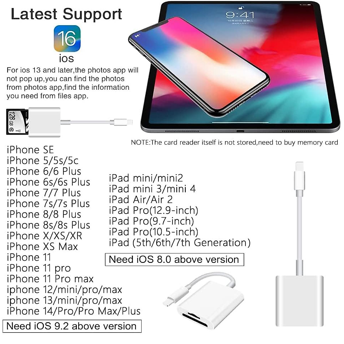 FIAHNG iPhone iPad Camera Memory Card Reader, Dual Slot SD TF Card Adapter, USB Type C, 4.8Gbps, Compact