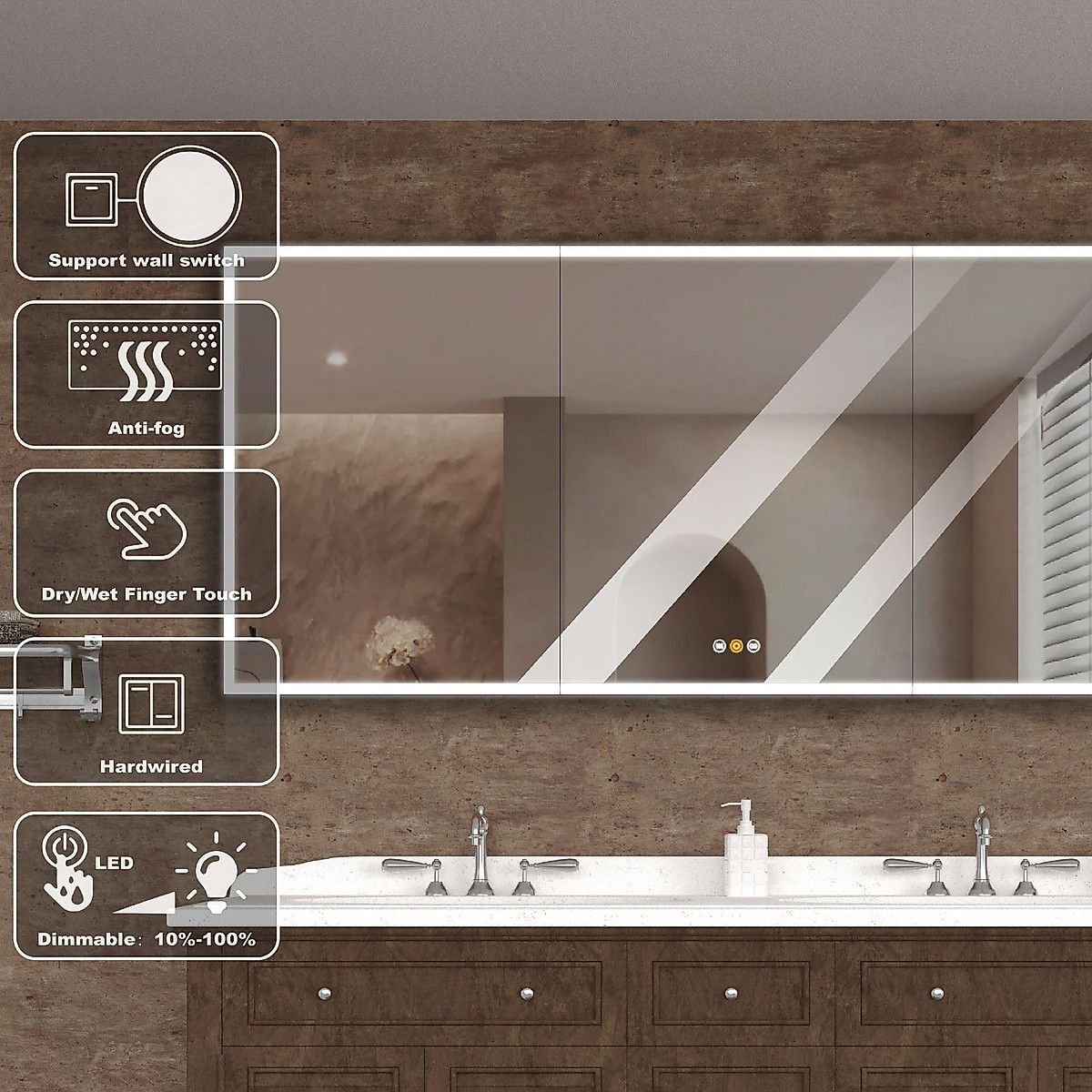 tunuo 60”W x 36”H Medicine Cabinets for Bathroom with Mirror, Surface Mounted LED Medicine Cabinets Mirror with Defogger, Dimmer, Outlets & USB, Three Doors