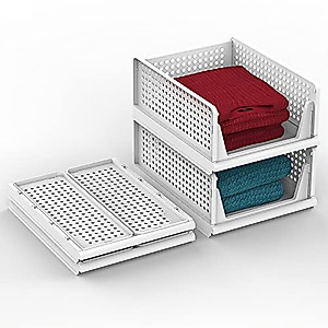2 Pack Folding Closet Organizers Storage Box, Stackable Plastic Drawer Basket for Clothing, Clothes Storage Container for Bedroom Cupboard(White)