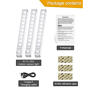 Under Cabinet Lights, LED Motion Sensor Light, USB-C Rechargeable 10 LED Closet Lights Wireless Magnetic Stick-Anywhere Night Light for Kitchen, Wardrobe, Closets, Cupboard, Stairs