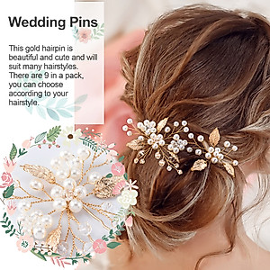 ANCIRS 9 Pack Pearl Bridal Wedding Hair Styling Pins, Leaves Style Bride Head Piece, U Shape Rhinestone Flower Hair Accessories for Women & Girls Wedding Hairstyles- Gold