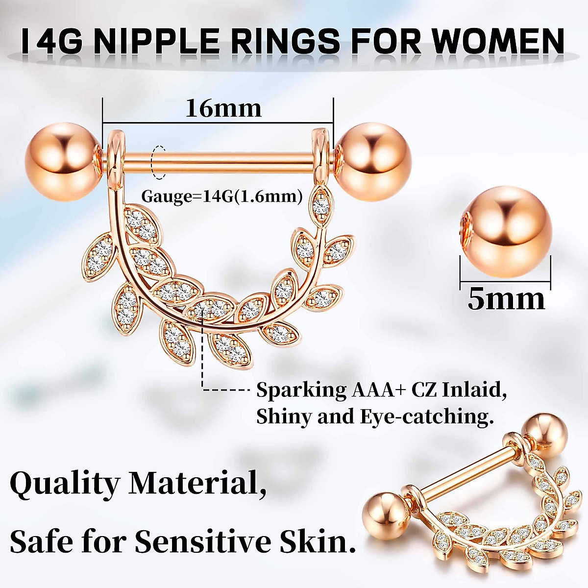 Besteel 𝟕 𝑷𝒂𝒊𝒓𝒔 Nipple Piercing Jewelry Stainless Surgical Steel Nipple Rings Set Cute CZ Ball Heart Butterfly Snake Tongue Belly Barbell Body Jewelry for Women 14G Rose Gold