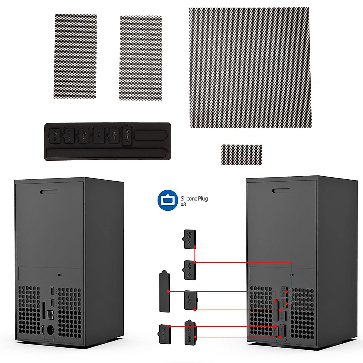 Dust Filter, Replacement Dust Filter for Xbox Series X, 8 Dust Plugs, 4 PVC Meshs Set, Vented Dust Cover Mesh Filter for Game Consoles