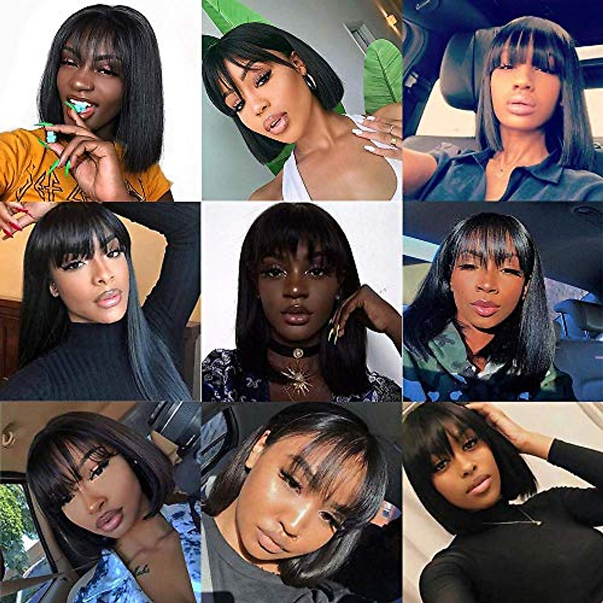 Cecycocy 14” Short Bob Wigs Brazilian Straight Human Hair Wigs With Bangs 100% Remy Human Hair Wigs 180% Density None Lace Front Wigs Glueless Machine Made Wigs For black Women