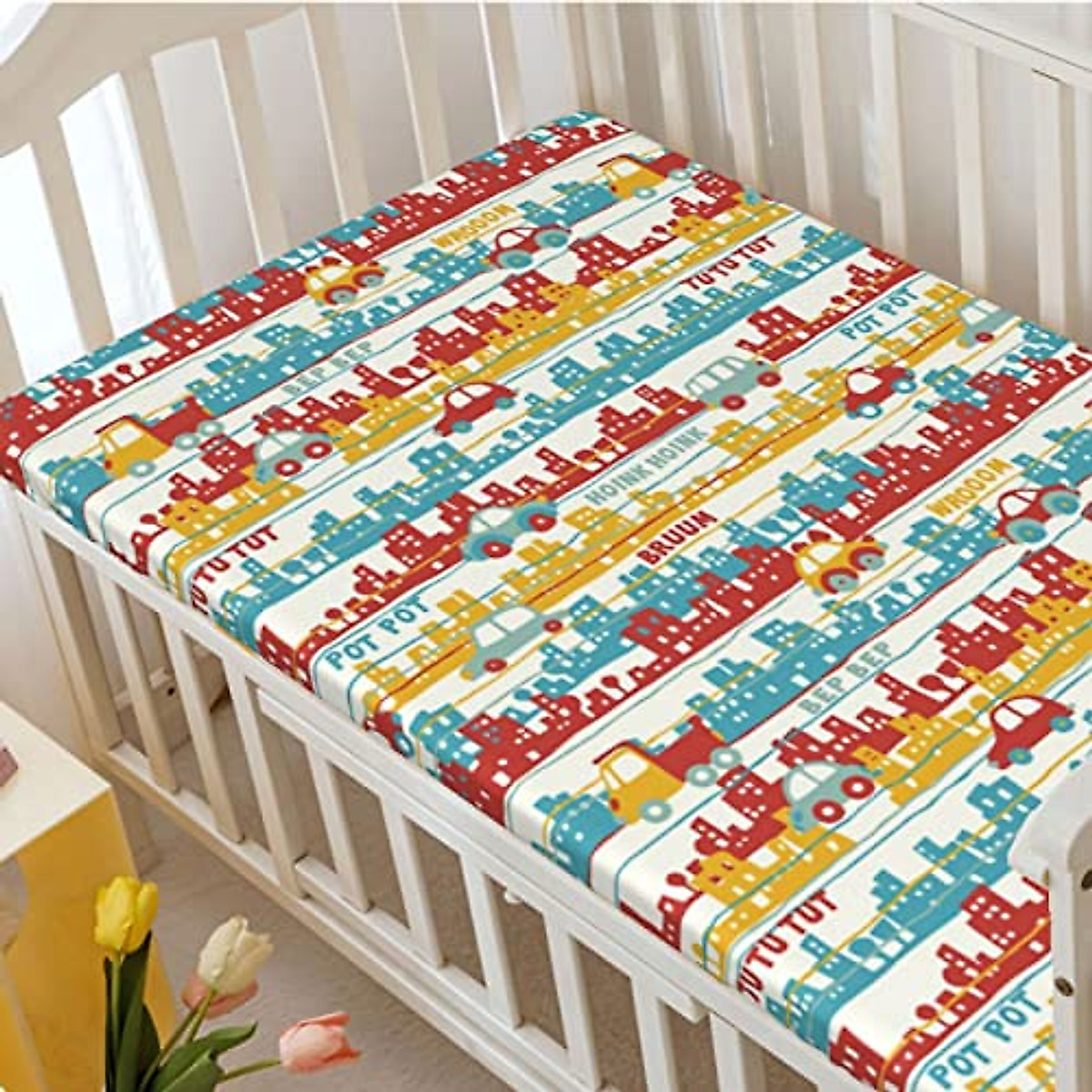 Cars Themed Fitted Crib Sheet,Standard Crib Mattress Fitted Sheet Toddler Bed Mattress Sheets-Crib Mattress Sheet or Toddler Bed Sheet, 28“ x52“,Earth Yellow Pale Blue Red