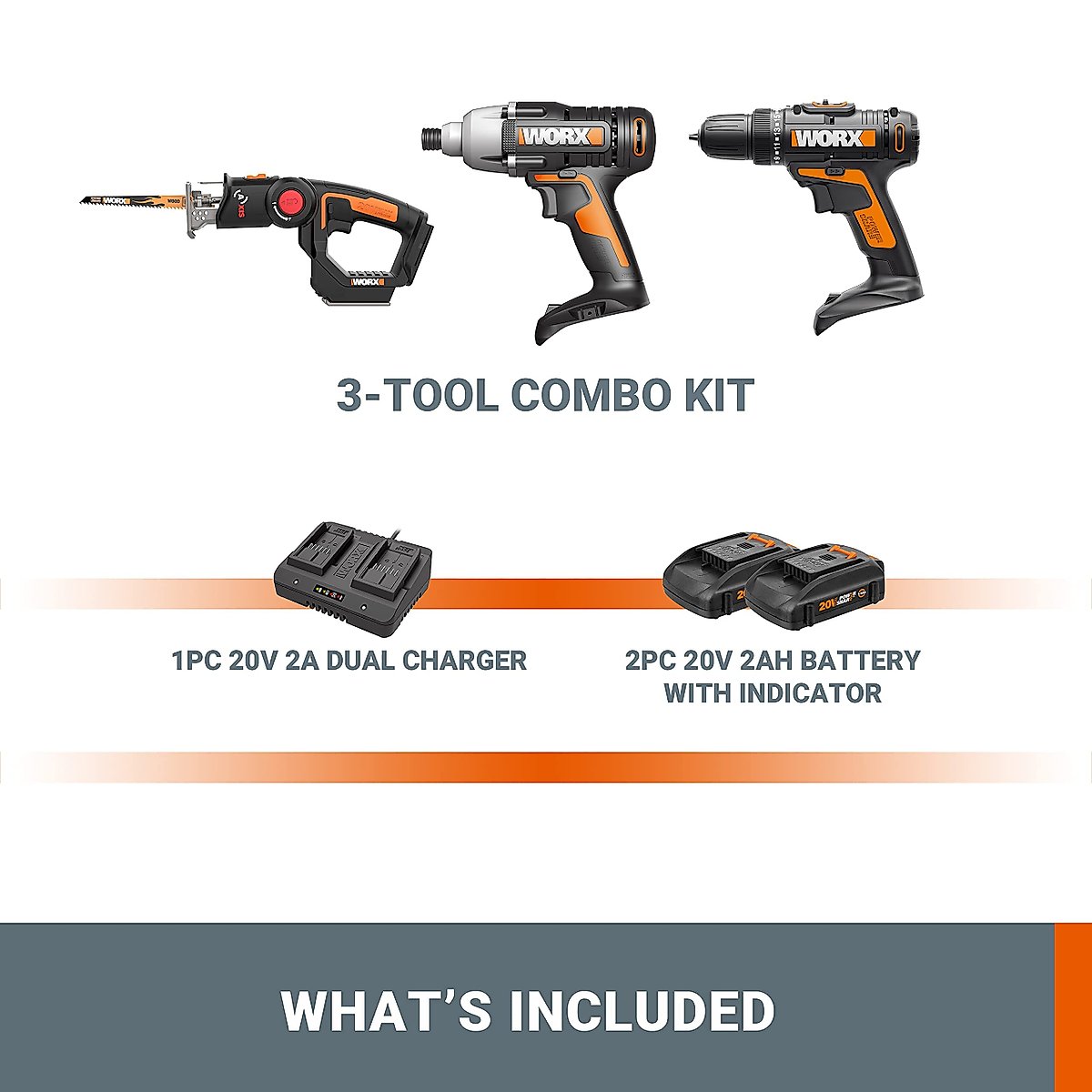 WORX 20V Cordless Drill Driver，Impact Driver and Reciprocating Saw，WX911L Power Tool Combo Kit ，2 * 2.0Ah Batteries & Charger Included