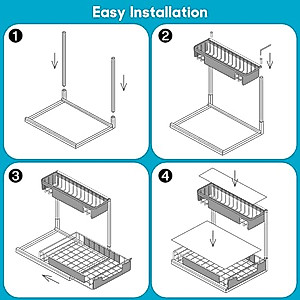 Large Under the Sink Organizer Bathroom, 2-Tier Kitchen Under the Sink Organizers and Storage with 4 Hooks, Cabinet Storage Shelves No Drilling Rustproof Stainless Steel Pull Out Shelf, White