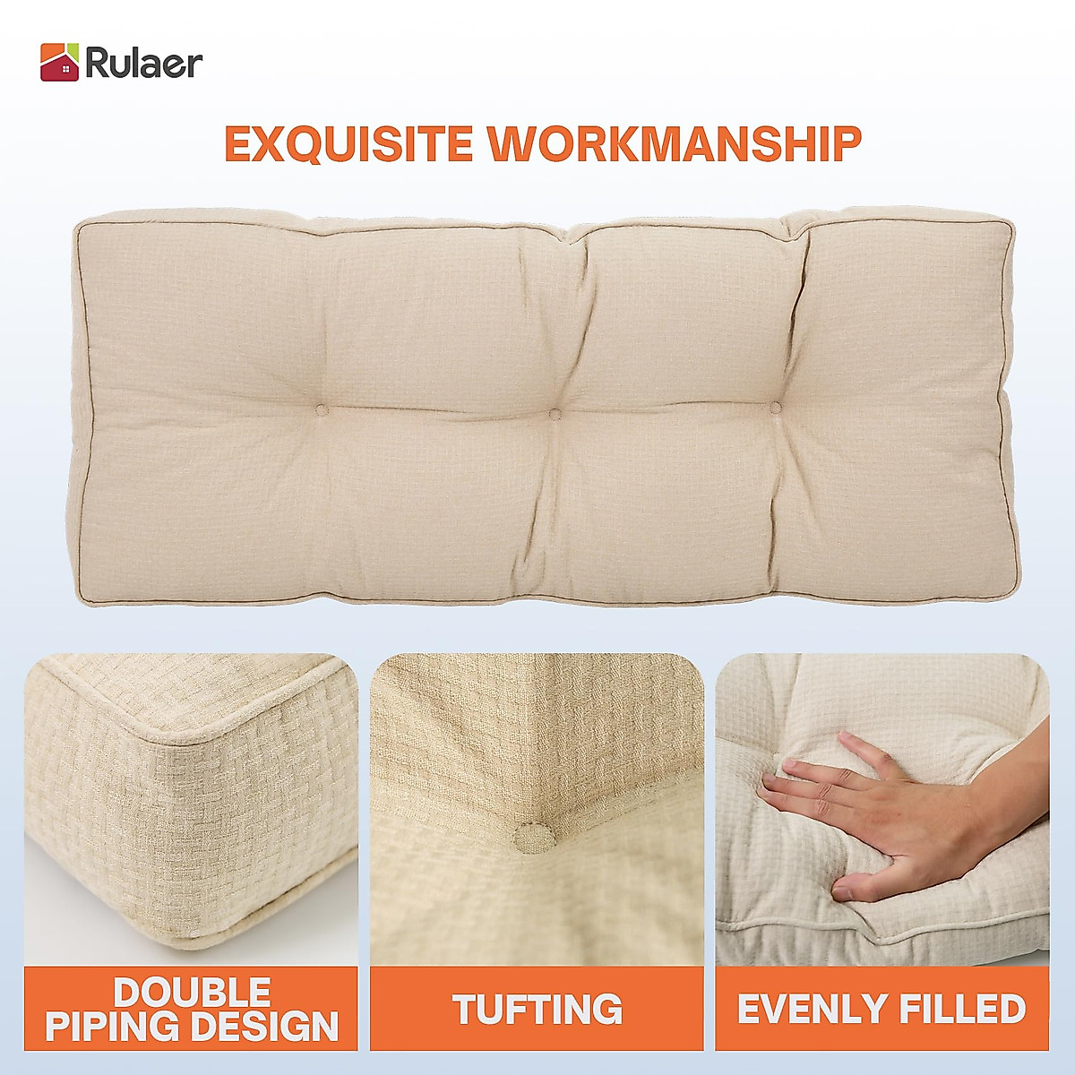 RULAER Tufted Bench Cushion Indoor 42x16x4 inch Extra Thick Soft Bench Cushion Non-Slip Durable Patio Cushions for Outdoor Furniture Double Piping Bench Chair Pad, Beige