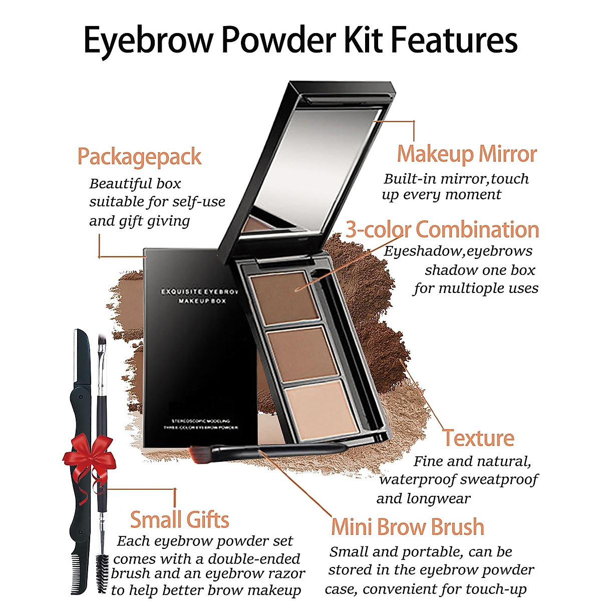 Eyebrow Powder Makeup Kit-3 Colors Eye Brow Powder Palette Long-Lasting Waterproof, Dark/light Brown Brow Filler, Fill & Sculpt Full Eyebrows for Women, With Mirror, Brow Brush & Razor-Set 02