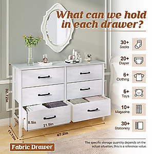 LYNCOHOME White Dresser with 6 Drawers, Wide Dresser for Bedroom and 50" TV, Entertainment Center with Metal Frame, Wooden Top, Fabric Drawers Dresser for Bedroom, Hallway, Entryway, White