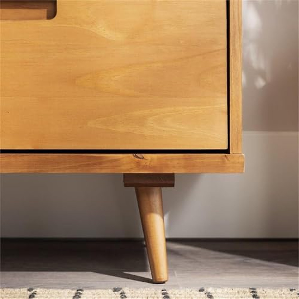 Walker Edison Millie Mid Century Modern 3 Drawer Solid Wood Low Stand for TVs up to 80 Inches, 70 Inch, Caramel