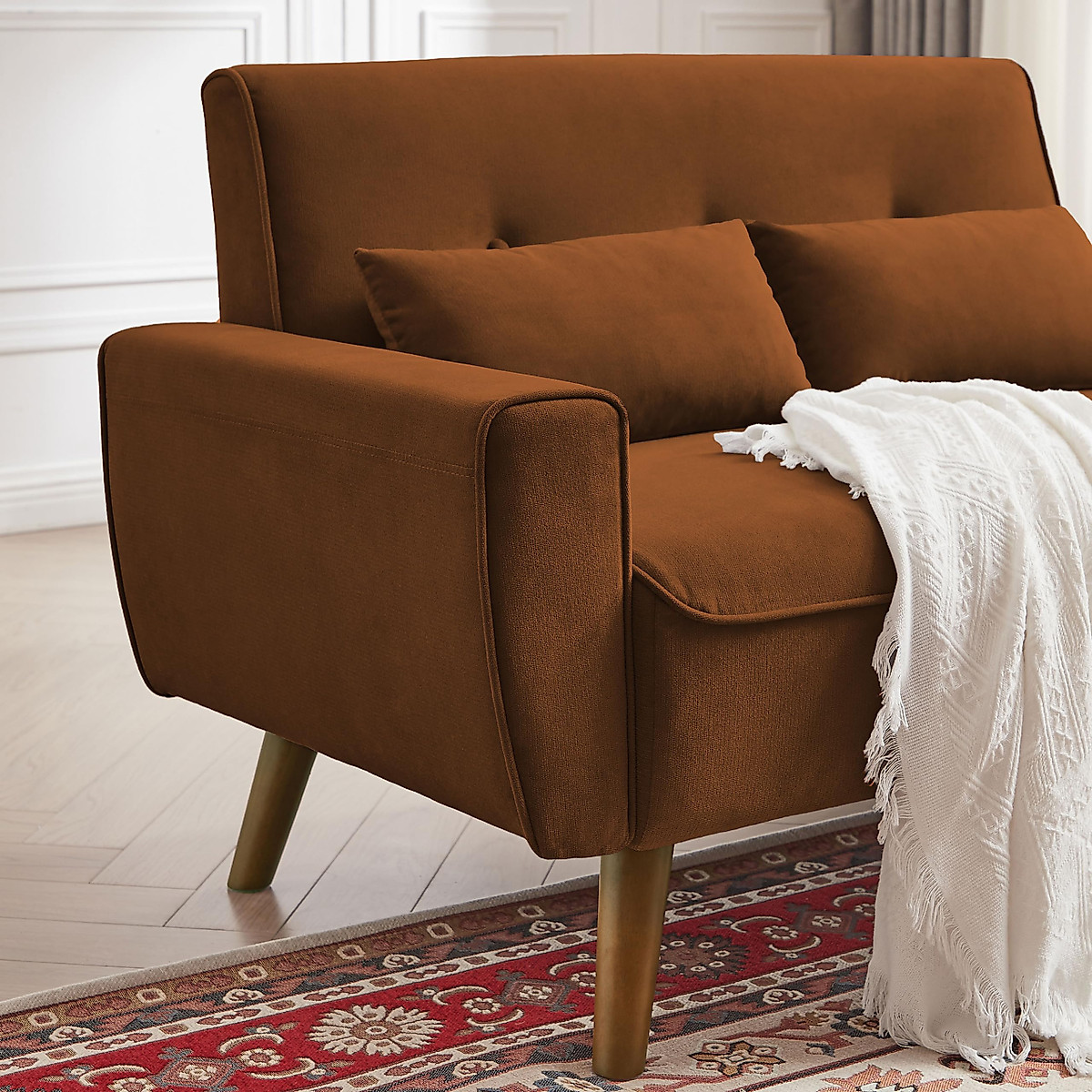 Tornama 48" Small Loveseat Sofa, Mid Century Modern Love Seat Couch, 2 Seat Tufted Couches with Throw Pillows for Living Room, Apartment, Bedroom and Small Spaces, Orange