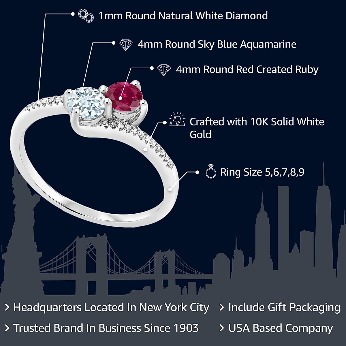 Gem Stone King 10K White Gold Forever United 2 Stone Red Created Ruby and Sky Blue Aquamarine and Diamond Engagement Ring For Women (0.64 Cttw, Round, Avaiable in Size 5,6,7,8,9)