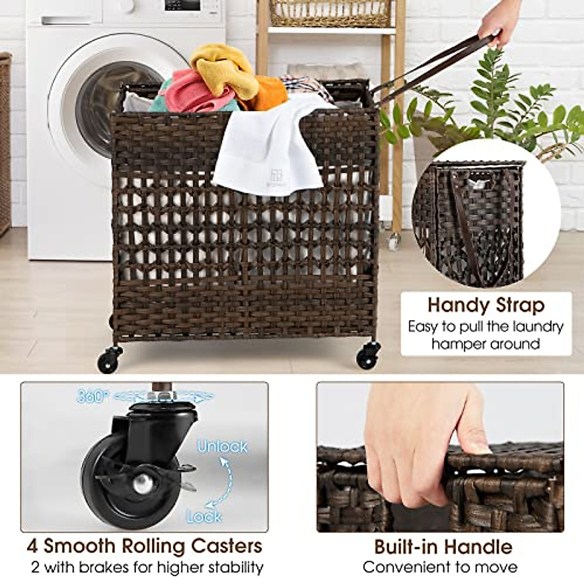 GOFLAME Laundry Hamper with Lid and Wheels, 110L Folding Synthetic Rattan Clothes Hamper with 2 Removable & Washable Liner Bags, Pulling Strap, Rolling Divided Laundry Basket for Laundry Room Bedroom