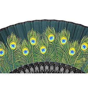 OMyTea Hand Held Folding Fan for Women Peacock Chinese Japanese Oriental Asian Style - for Wedding, Dancing, Church, Party, Gifts (Green)