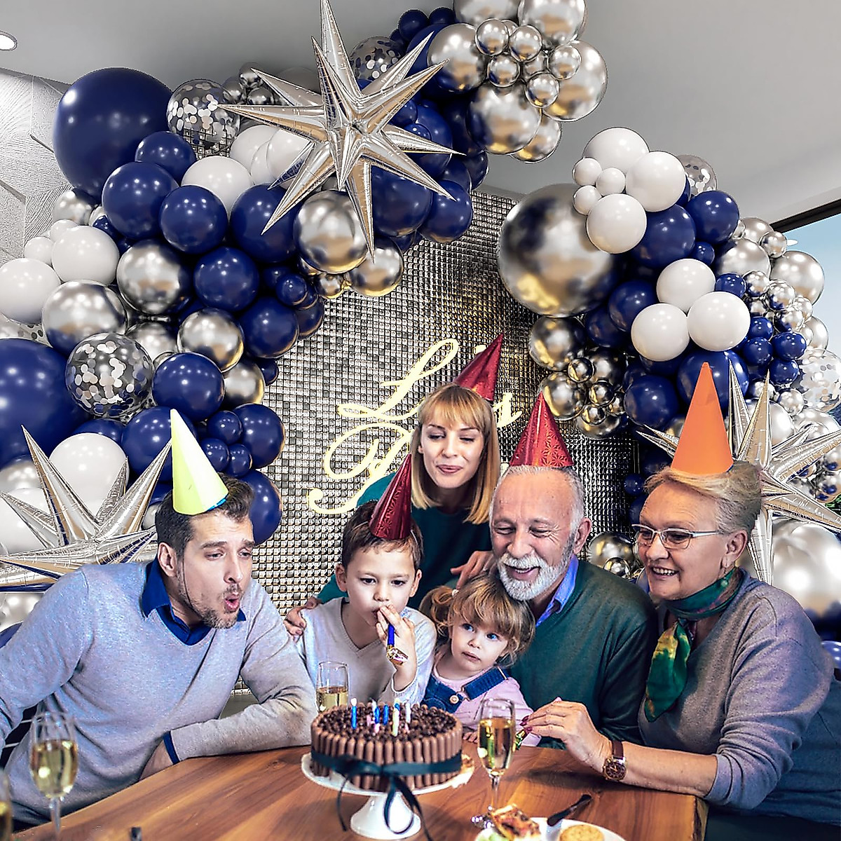 130pcs Navy Blue and Silver Balloon Garland Arch Kit with 3pcs Silver Star Balloons, Royal Blue Metallic Silver White Balloons for Birthday Baby Shower Wedding Graduation Party Decorations