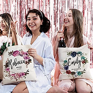 Personalized Wedding Gift Bags for Women w/Name & Text - 6 Floral Designs Customized Bridesmaid Canvas Bag Custom Flower Bride Shoulder Bachelorette Party Bridal Shower Tote C1, Beige