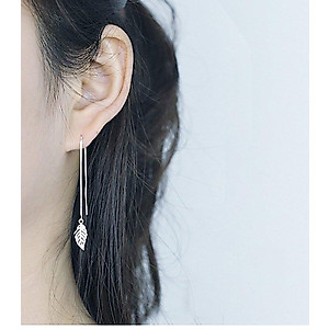 Boho Minimalist Long Thin Linear 925 Sterling Silver Leaves Dangle Earrings Chain for Women Elegant Threader Earrings