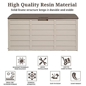 Outvita 75 Gallon Deck Storage Box, Durable Storage Container Bin Store Patio Cushions, Yard Stools and Pool Toys Outdoor Patio Garden (Brown)