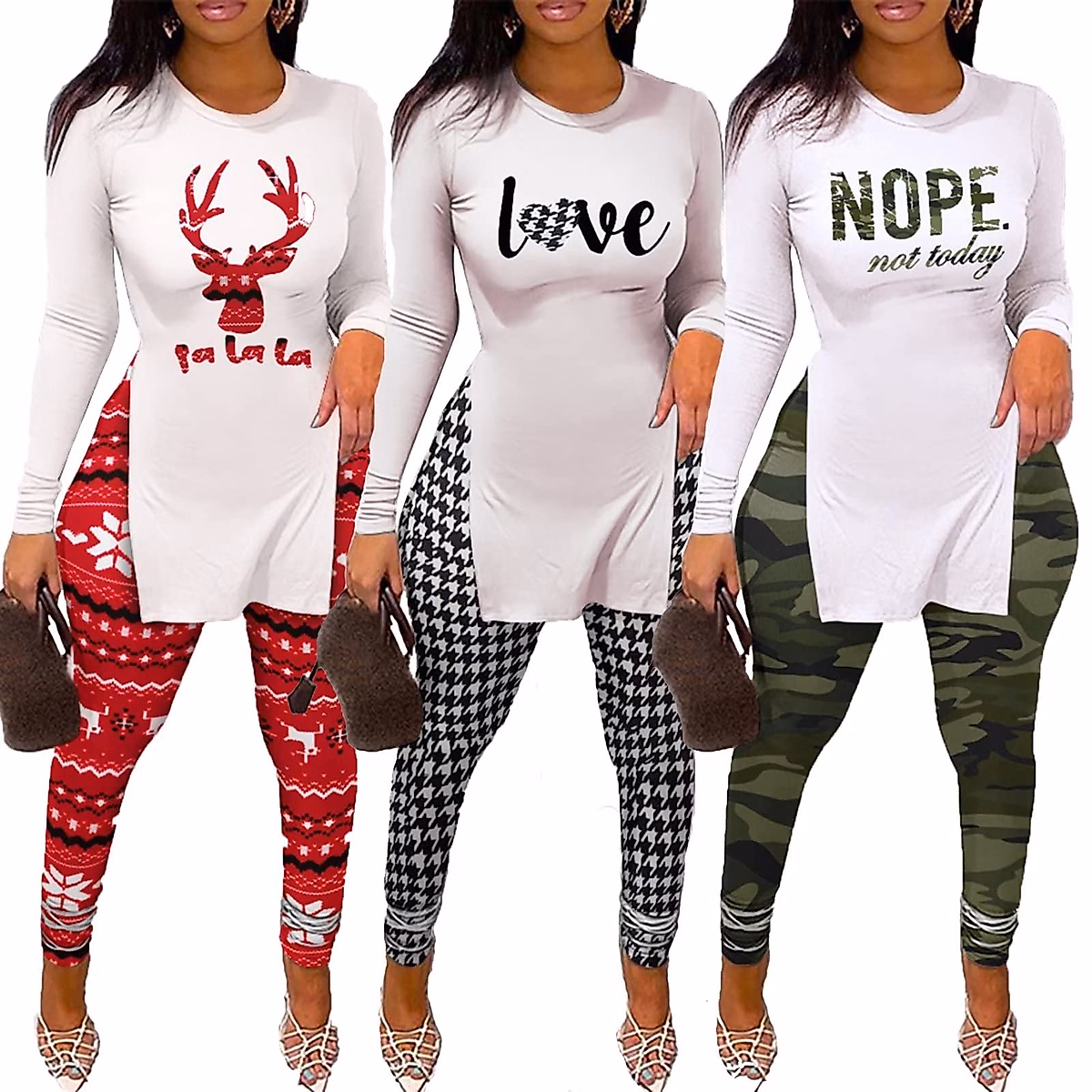 MRSYVES 2 Piece Outfits for Women Long Sleeve Side Split Pullover Shirts and Bodycon High Waist Leggings Pants White Green Camouflage L