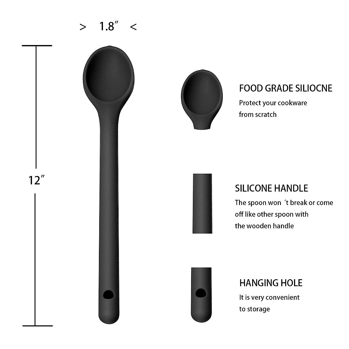 Stirring Spoons for Cooking Set of 3, Silicone 12 Inch Long Handle Spoons, Nonstick Mixing Spoons for Cooking, Silicone Stirring Spoons BPA Free, Nontoxic & Resistant to 480°F (2 in Black)