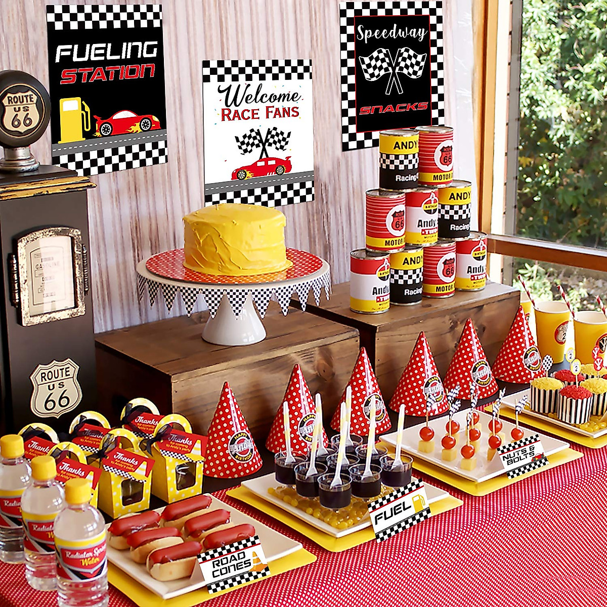 Race Car Bar Decorations Kit Racing Bar Signs Snack Tent Cards Pit Stop Banner for Race Car Birthday Party Decorations Let's Go Racing Theme Party Supplies