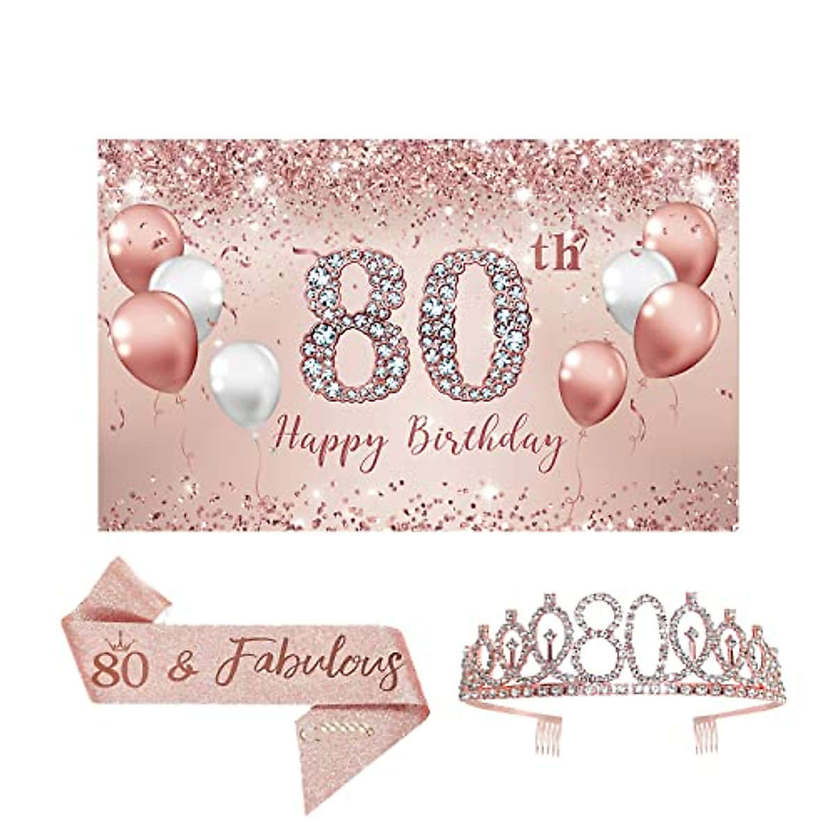 Trgowaul 80th Birthday Decorations for Women, Rose Gold 80th Birthday Backdrop Banner, 80 & Fabulous Sash, 80th Birthday Tiara Crown, Pink Party Supplies, Happy 80 Year Old Birthday Ideas Favor