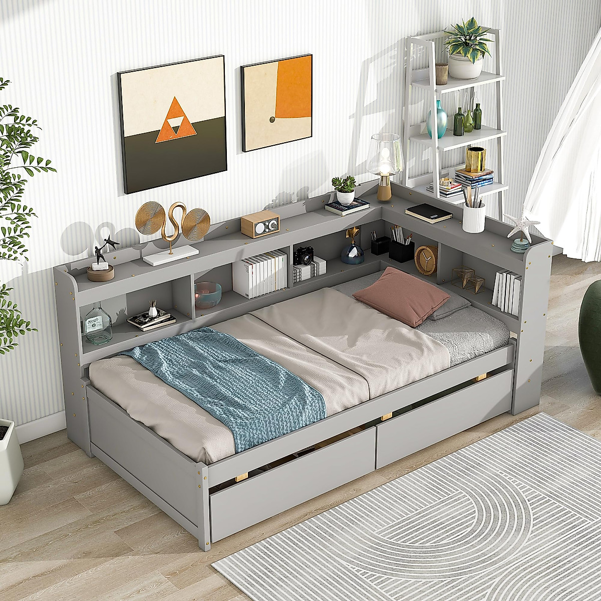 DNChuan Twin Size L-Shaped Corner Daybed with Bookcase Headboard,Captains Bed with Underneath Storage Drawers for Kids Adults,No Box Spring Needed,Grey