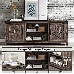 T4TREAM Farmhouse TV Stand for TVs Up to 75 inches, Wood Barn Door Media Television Console Table with Storage Cabinets, Easy Assembly Modern Entertainment Center for Living Room, Dark Rustic Oak