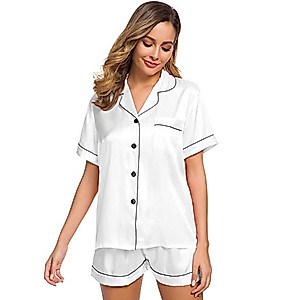SWOMOG Womens Silk Satin Pajamas Short Sleeve Loungewear Two-Piece Sleepwear Button-Down Pj Set White