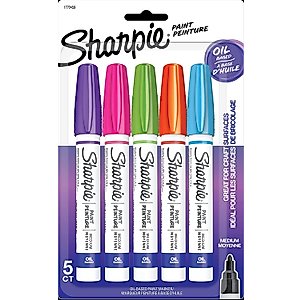 Sharpie Oil-Based Paint Markers, Medium Point, Bright Colors, 5 Count - Great for Rock Painting