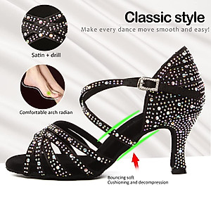 SWDZM Women's Rhinestone Dance Shoes Ballroom Latin Salsa Performance Practice Dancing Shoes,L377,Black,Heel 3 1/3'',US 8