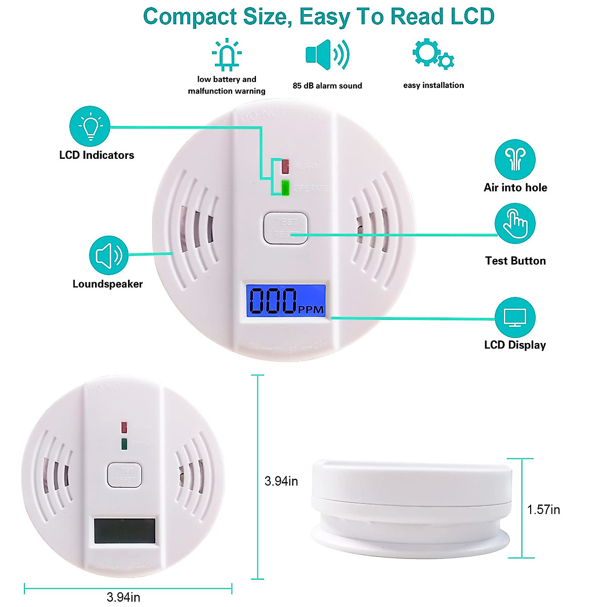 Carbon Monoxide Detector, Replaceable Battery-Operated Carbon Monoxide Alarm Detectors with Digital Display & LED Lights. CO Alarm Applicable to Home, Warehouse