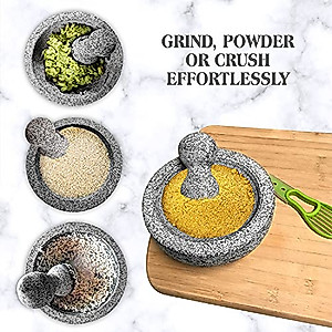 Granite Mortar and Pestle Set Guacamole Bowl Molcajete 8 Inch - Natural Stone Grinder for Spices, Seasonings, Pastes, Pestos and Guacamole - Extra Bonus Avocado Tool Included