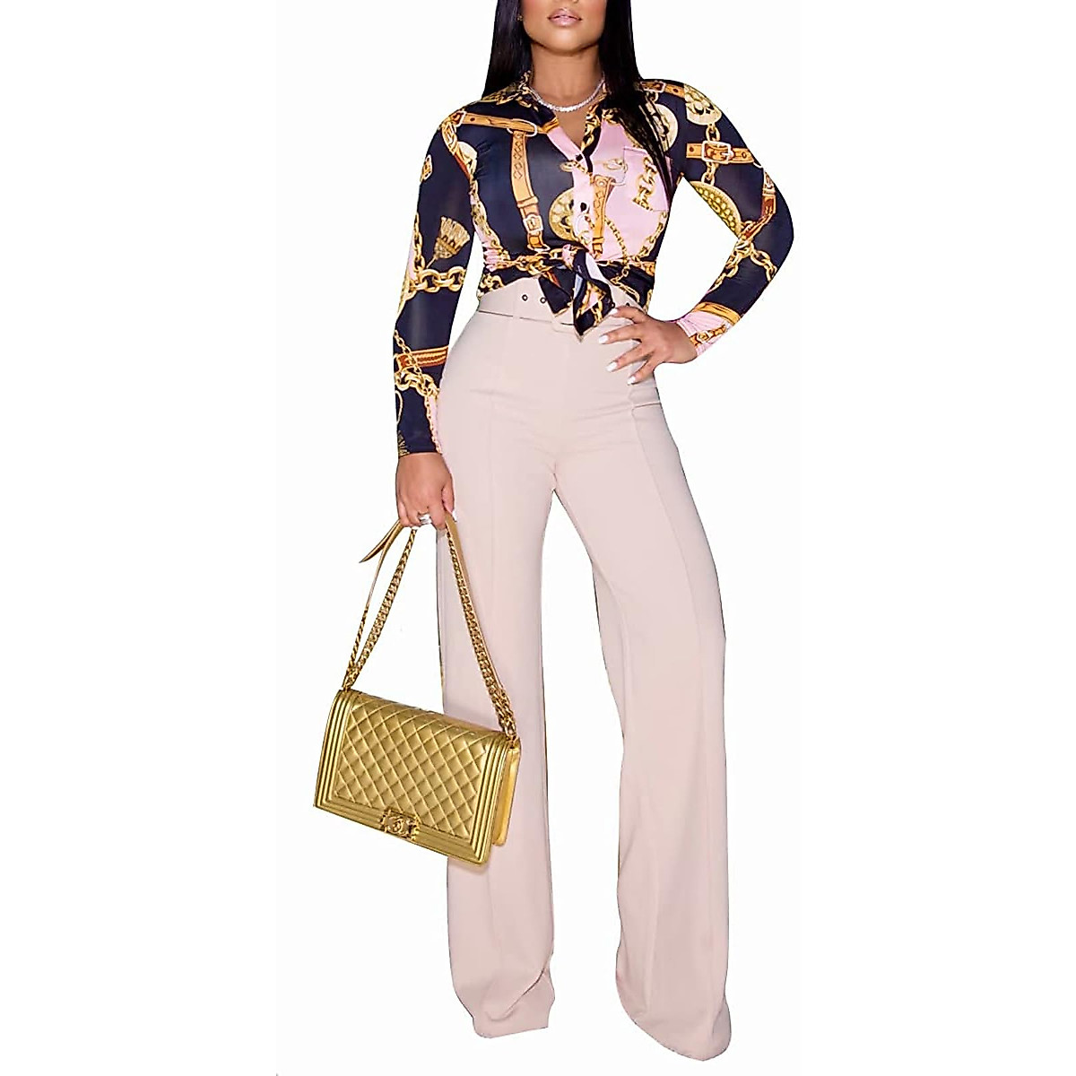 Colorful Blouses Long Sleeve Floral Print Loose Collar Sexy Tops Casual V Neck Button Down T-Shirt for Women L