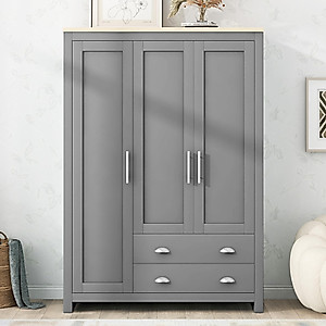 Merax 3 Doors Grey Wood Wardrobe Cabinets, Bedroom Accent Armoire Closet Organizer with Big Drawers, Hanging Rails and Shelve, Functional Clothes Storage Cabinet for Home Room, Dorm, Apartment, Gray