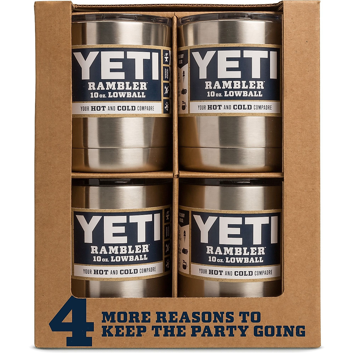 YETI Rambler 10 oz Lowball, Vacuum Insulated, Stainless Steel with Standard Lid, 4 Pack