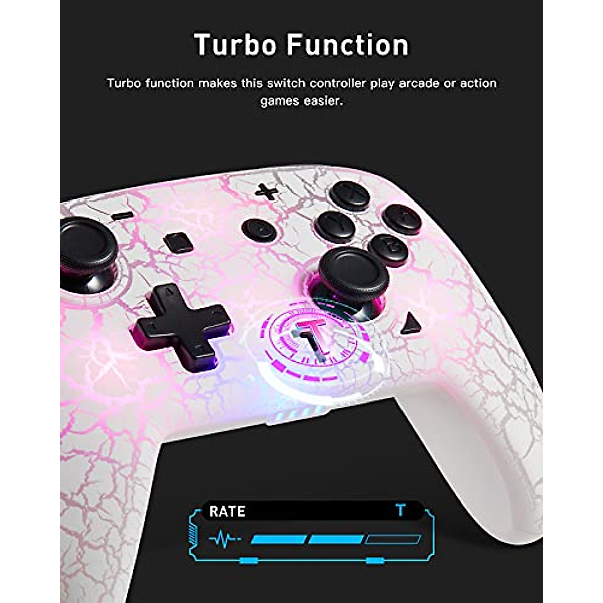 BlNBOK Switch Controller, Wireless Switch Pro Controller for Switch/Switch Lite/Switch OLED, 8 Colors Adjustable LED Wireless Remote Gamepad with Unique Crack/Turbo/Motion Control (White)