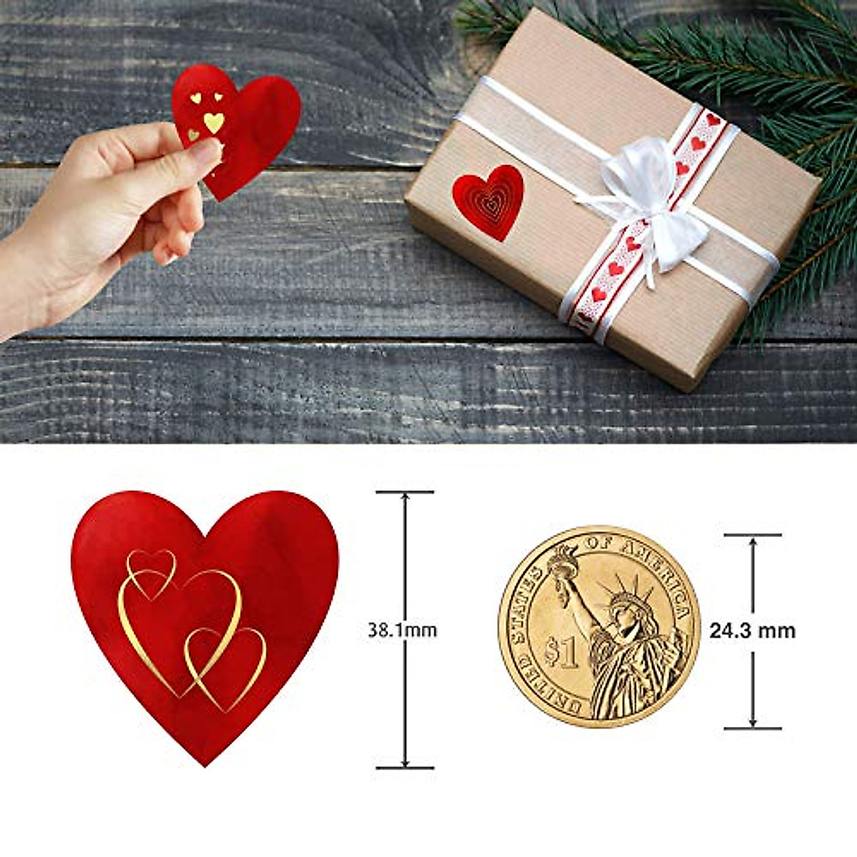 Easykart 500 Red Heart Shape Stickers with Special Gold Foiling, 1.5" Size | 3 Different Designs in one roll | Suitable for Anniversary Love Theme Party Decorations, Valentine's Day Gifting…