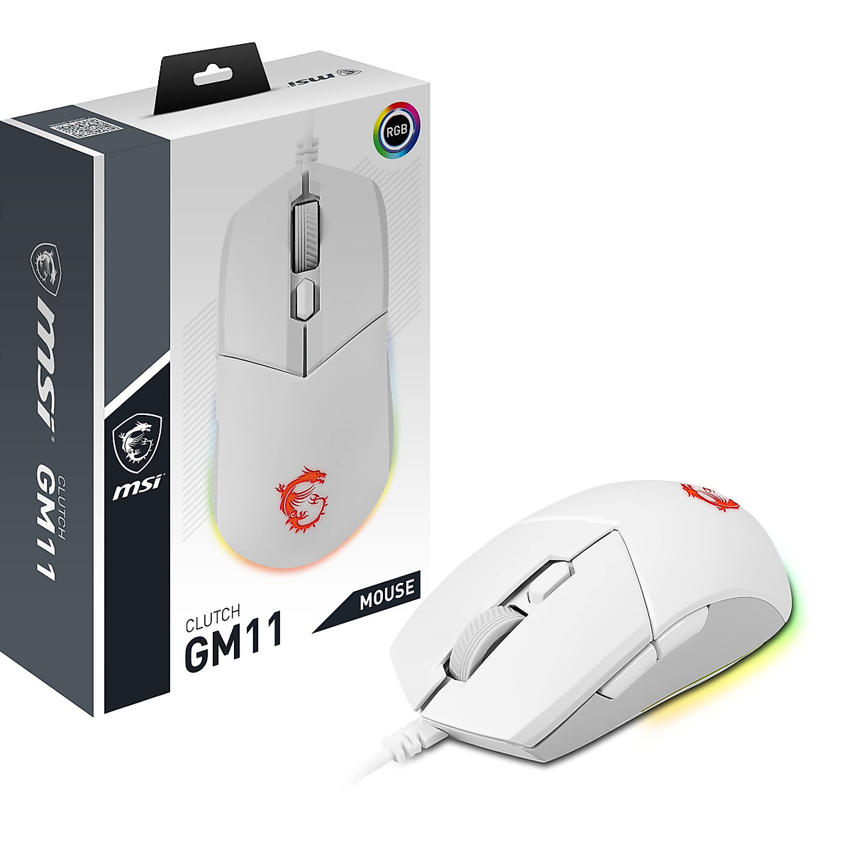 MSI Clutch GM11 White Gaming Mouse, 5000 DPI, 10M Omron Switches, Optical Sensor, Symmetrical Ergonomic Design, RGB Mystic Light Compatible,Black