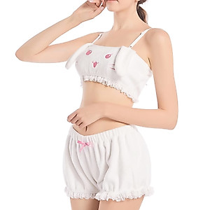 Landofgenie Kawaii Anime Cute Pajamas Set for Women Sweet Lovely Velvet Tube Top and Shorts Sleepwear Suits White XS
