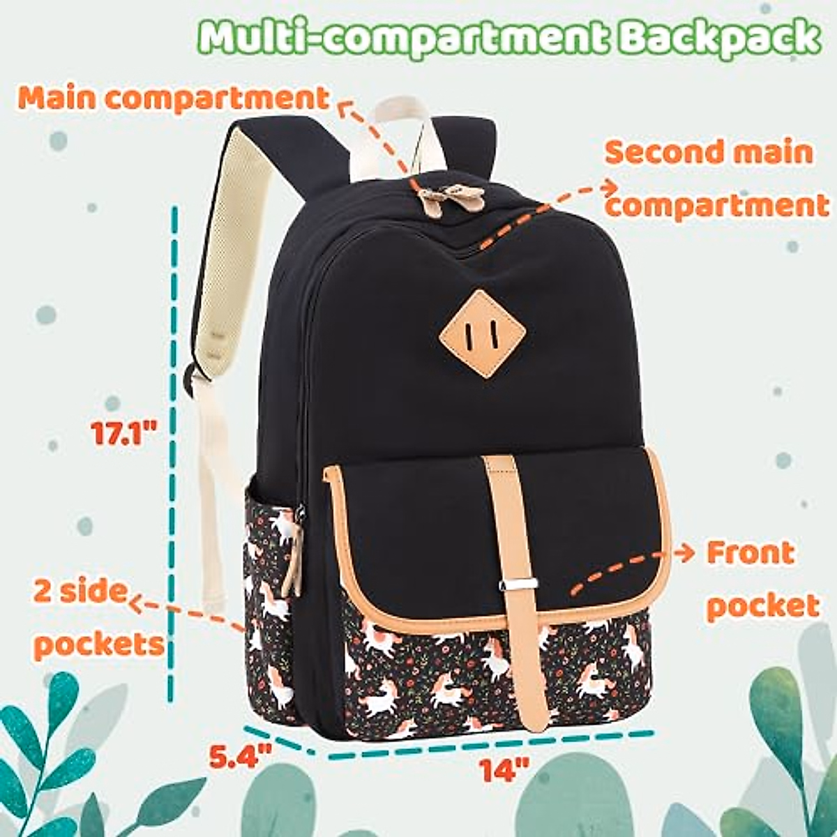 Leaper Women Striped Canvas Backpack Large Laptop Bag Girls Travel Shoulder Bag bag Daypack Black