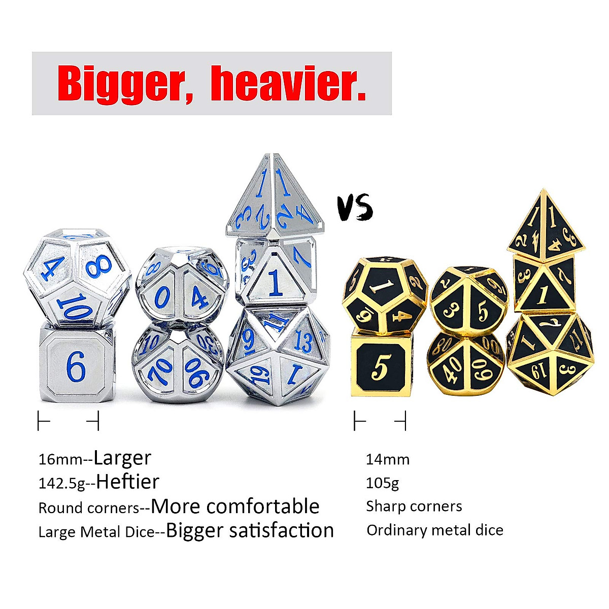 Haxtec Metal DND Dice Set Silver W/ Gift Metal Case D&D Polyhedral Dice for Dungeons and Dragons TTRPG-Silver Blue Numbers