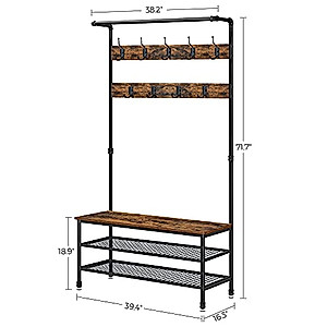 VASAGLE DAINTREE 3-in-1 Entryway Coat Rack and Storage Bench, Pipe Style Hall Tree with 9 Hooks, Multifunctional, Sturdy Steel Frame, Large Size, Industrial, Rustic Brown and Black UHSR47BX