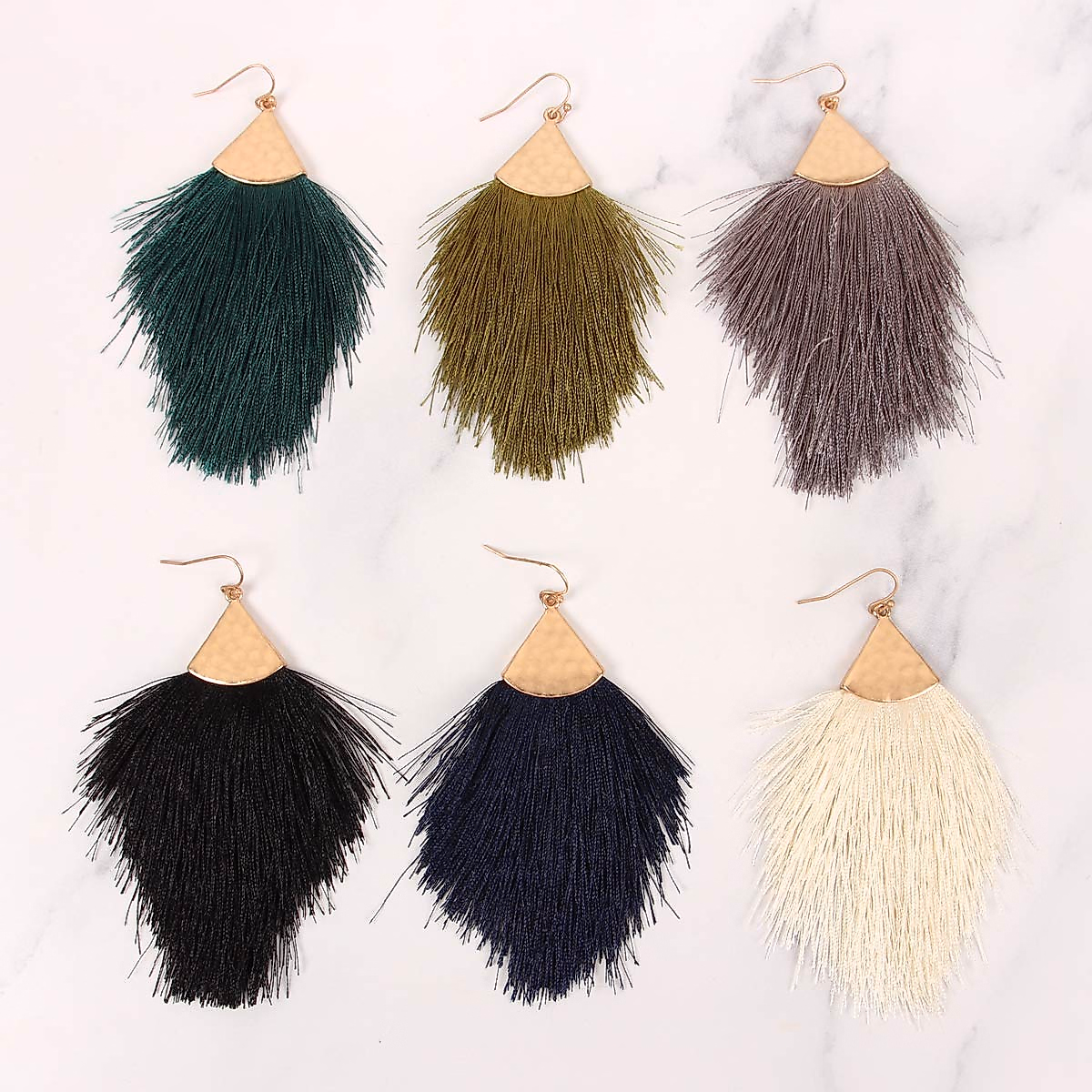 Bohemian Silky Thread Fan Fringe Tassel Statement Earrings - Lightweight Strand Feather Shape Dangles (Feather Fringe - Black)