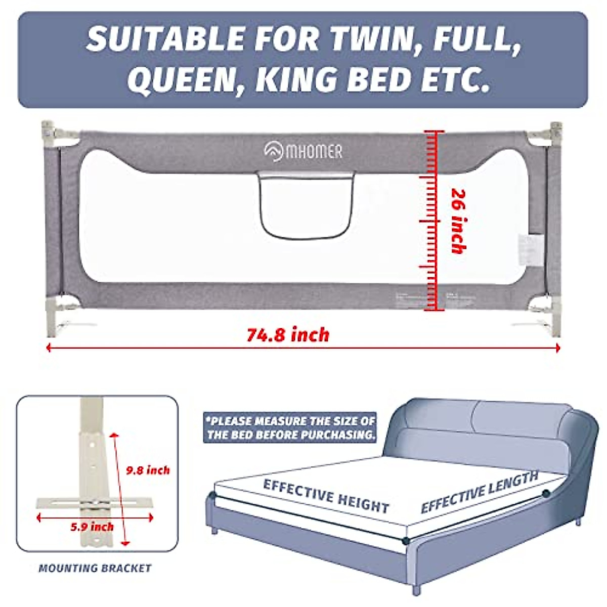 FAMILL Toddlers Bed Rail, Bed Rails for Toddlers for Queen King Bed, Baby Bed Rail Guard, Bed Rails for Queen King Mattress Bed,(Grey,1 Piece, 74.8")