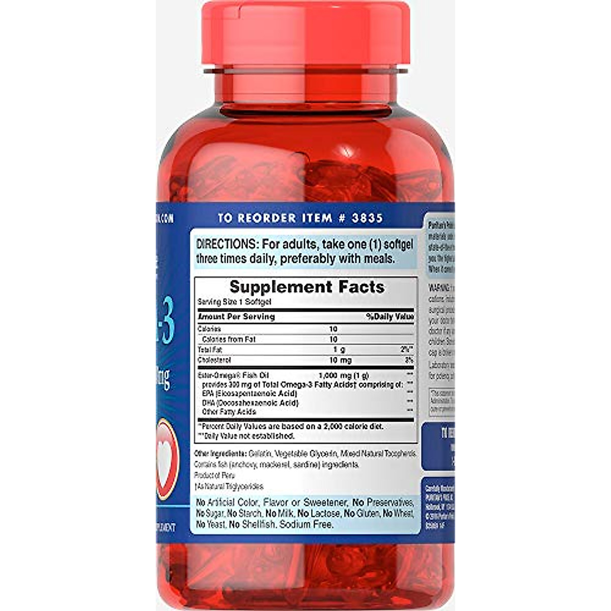 Omega-3 Fish Oil 1000 mg (300 mg Active Omega-3), Supports Heart and Joint Health, 250 Count by Puritan's Pride