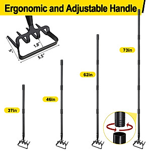 Garden Hoe, Cultivator Stirrup Hoe Garden Tool for Weeding, 73 Inch Heavy Duty Hula Hoe with Adjustable Long Handle, Scuffle Loop Hoe with Rake 2-in-1 Gardening Tool for Loosening Pulling Weed